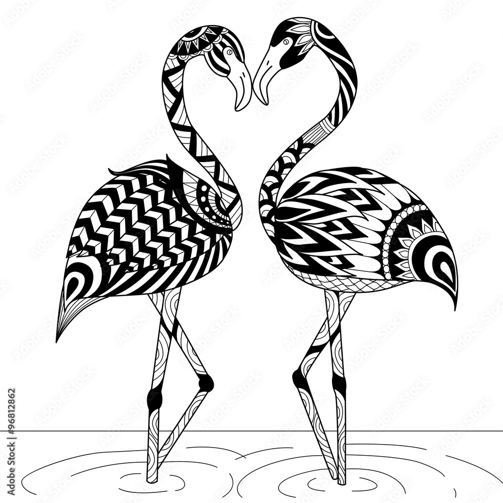 Hand drawn flamingo couple zentangle style for coloring book,invitation ...