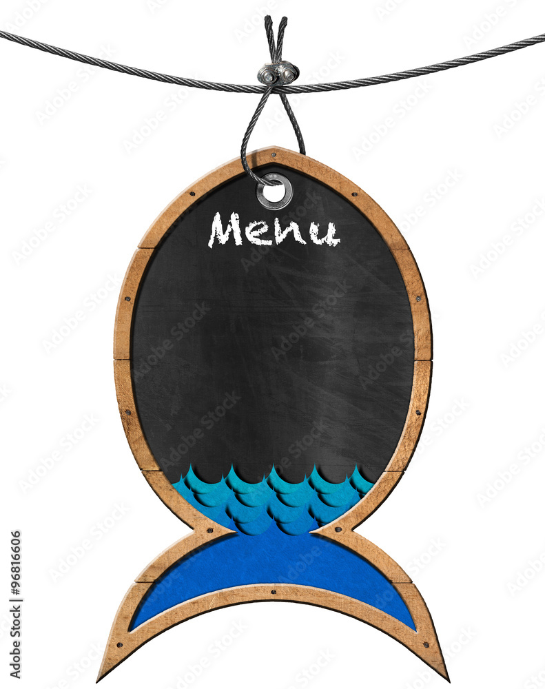 Blackboard Fish Shaped - Seafood Menu / Empty blackboard with wooden ...