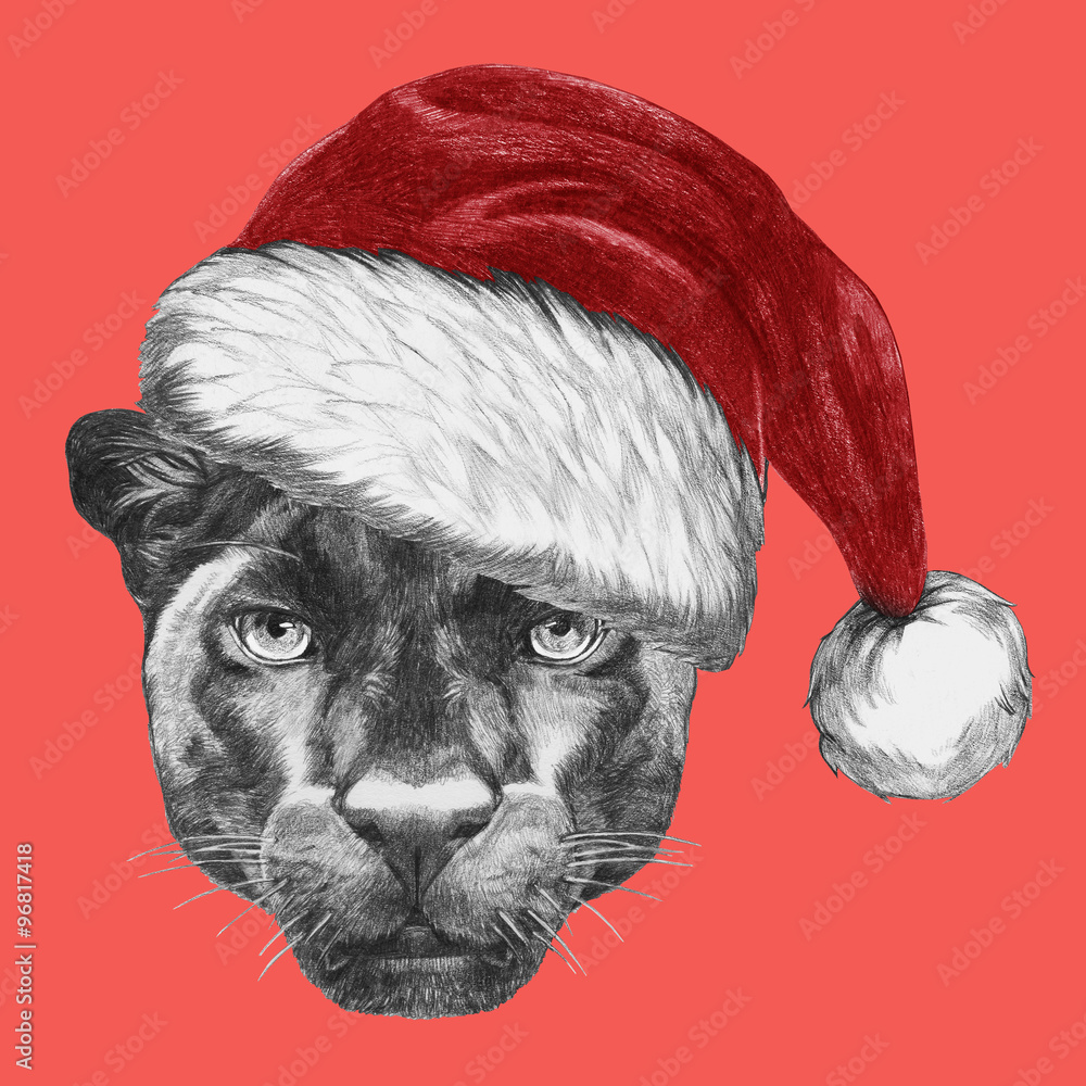 Portrait of Panther with Santa Hat. Hand drawn illustration. Stock ...