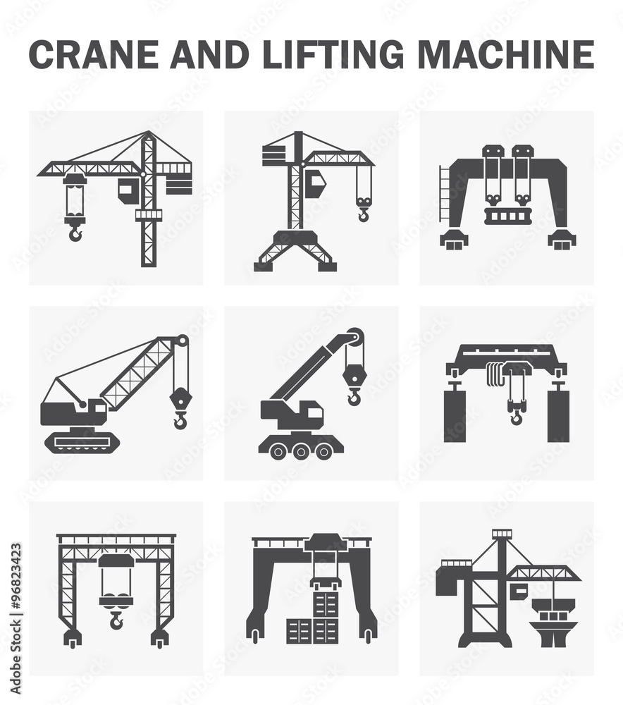Crane vector icon and lifting equipment i.e. tower, gantry, crawler ...