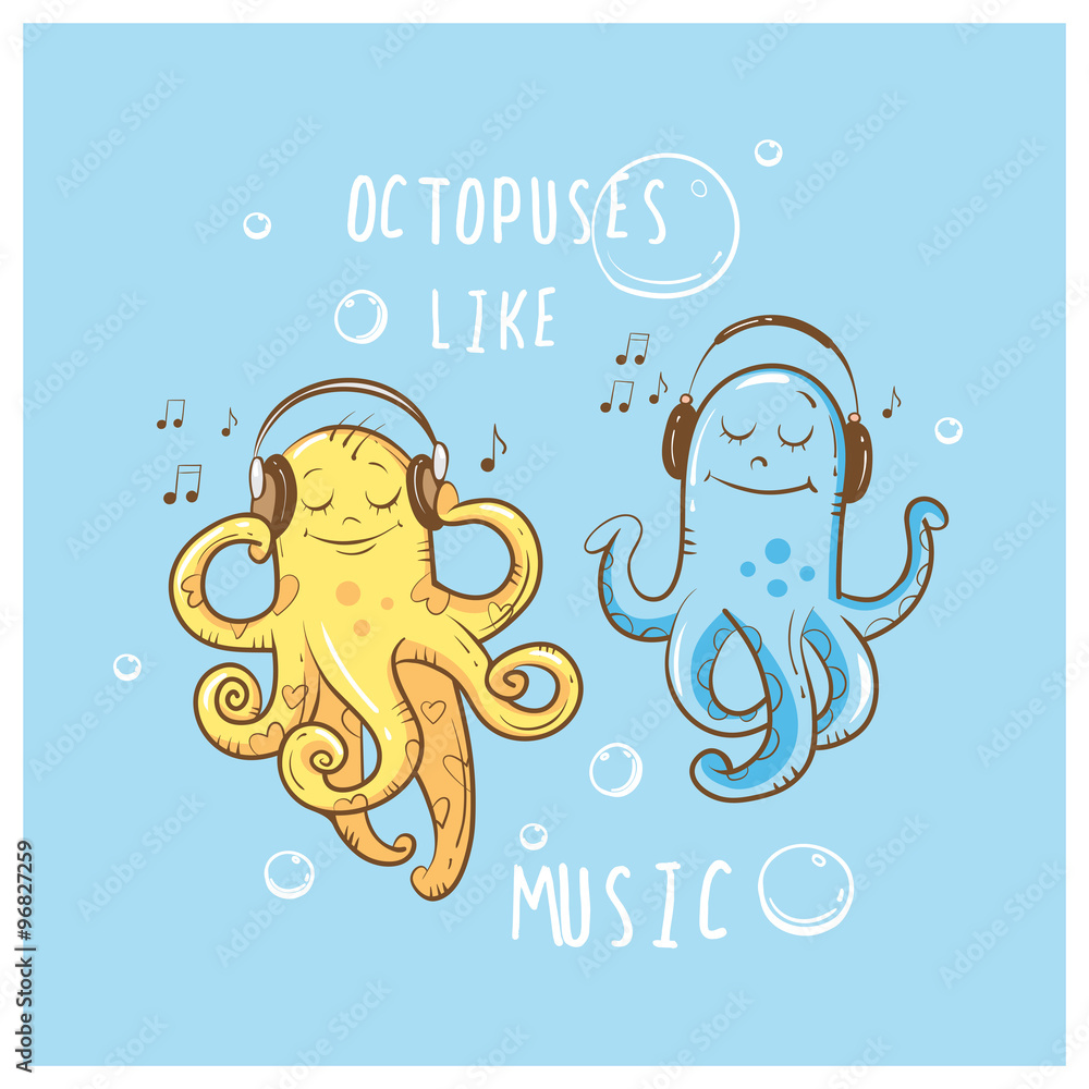 Children's vector card with the octopuses listening to music in ...