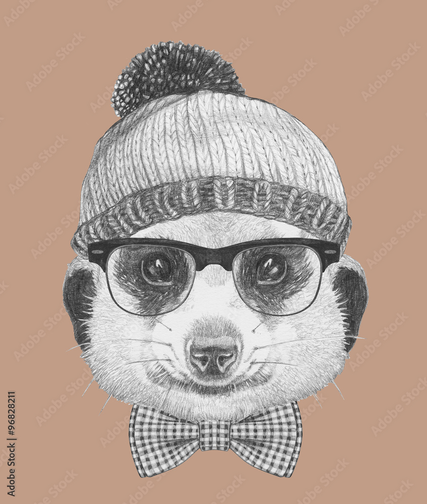 Portrait of Hipster Animal. Mongoose with glasses, hat and bow tie ...
