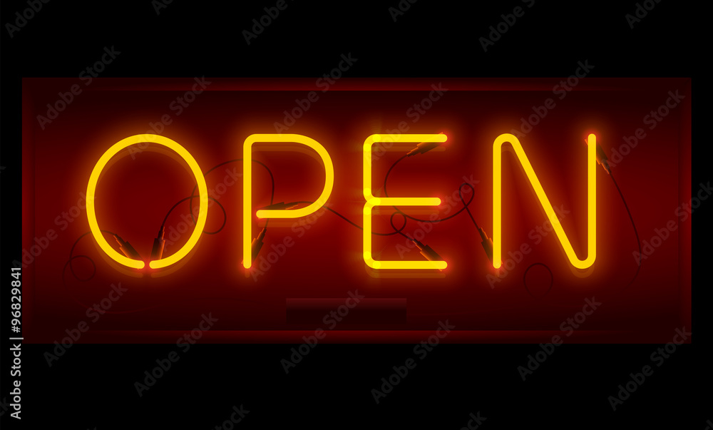 Open sign. Realistic neon inscription. Glowing font. Vector ...