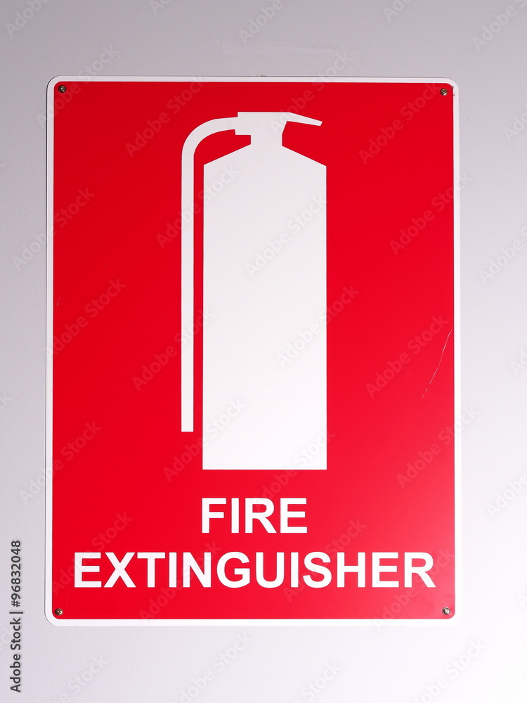Emergency fire extinguisher wall sign in red on off white background on ...