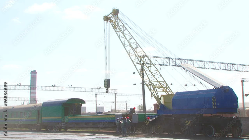 Railway Workmen Loading Wagon With Big Crane At Station Stock Video ...