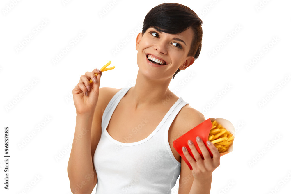 Fast Food. Close-up Of A Smiling Beautiful Young Girl N Eating Tasty ...