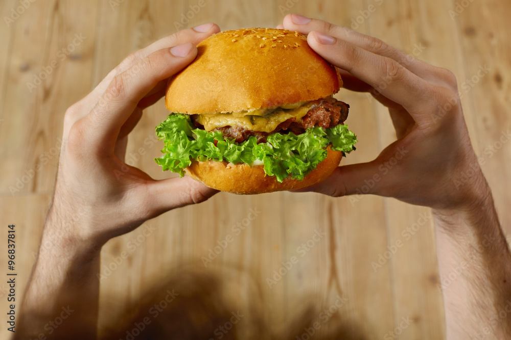 Eating Fast Food. Close Up Of Man's Hands Holding Delicious Classic ...