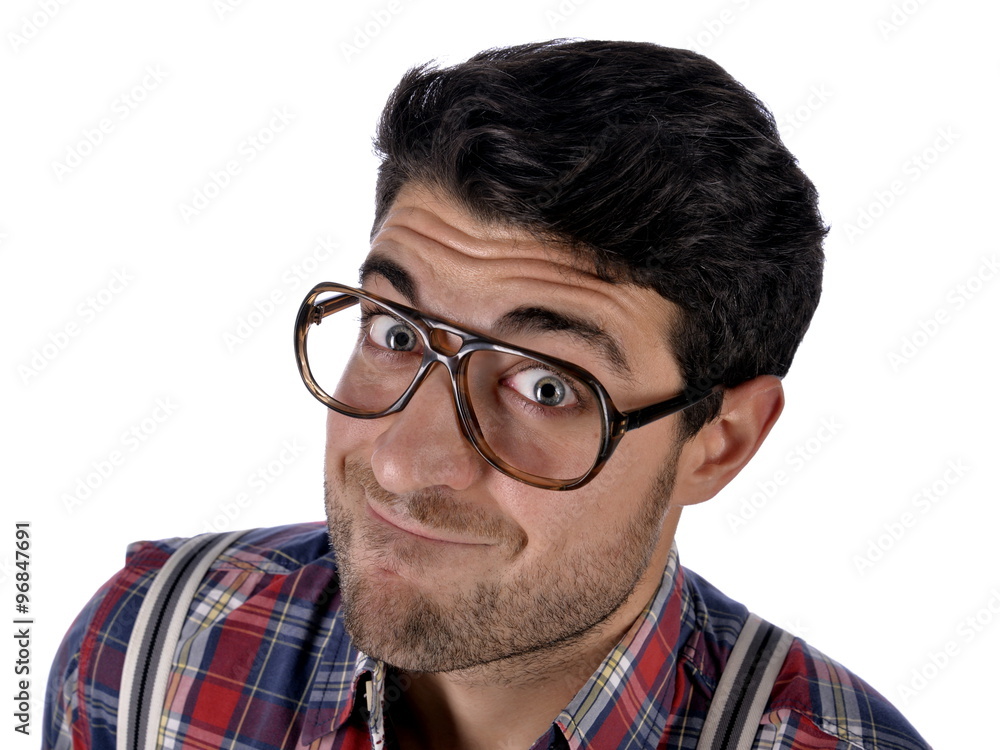 stupid and funny face expression of nerd with glasses Stock Photo ...