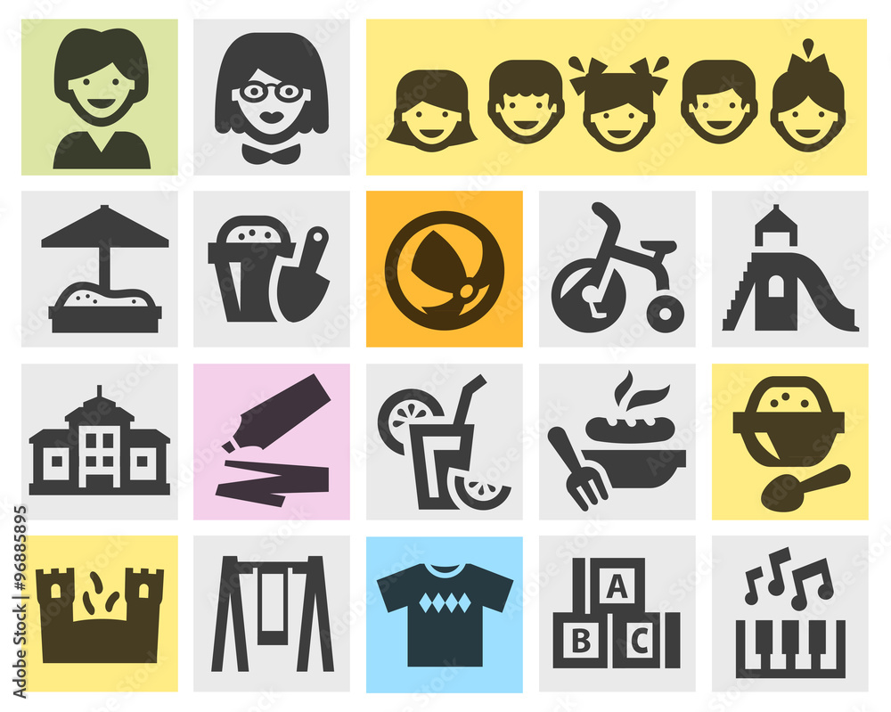 preschool, kindergarten set black icons. signs and symbols Stock Vector ...