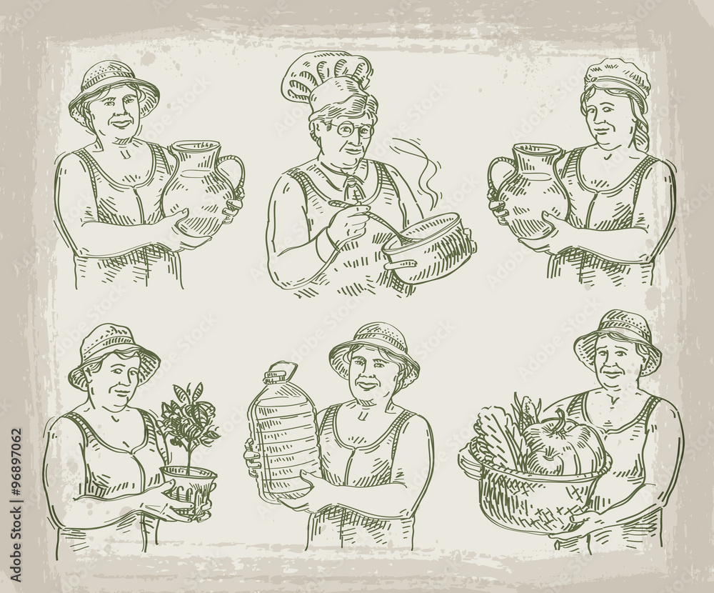 hand drawn sketch set of cook, chef, gardener and farmer. vector ...