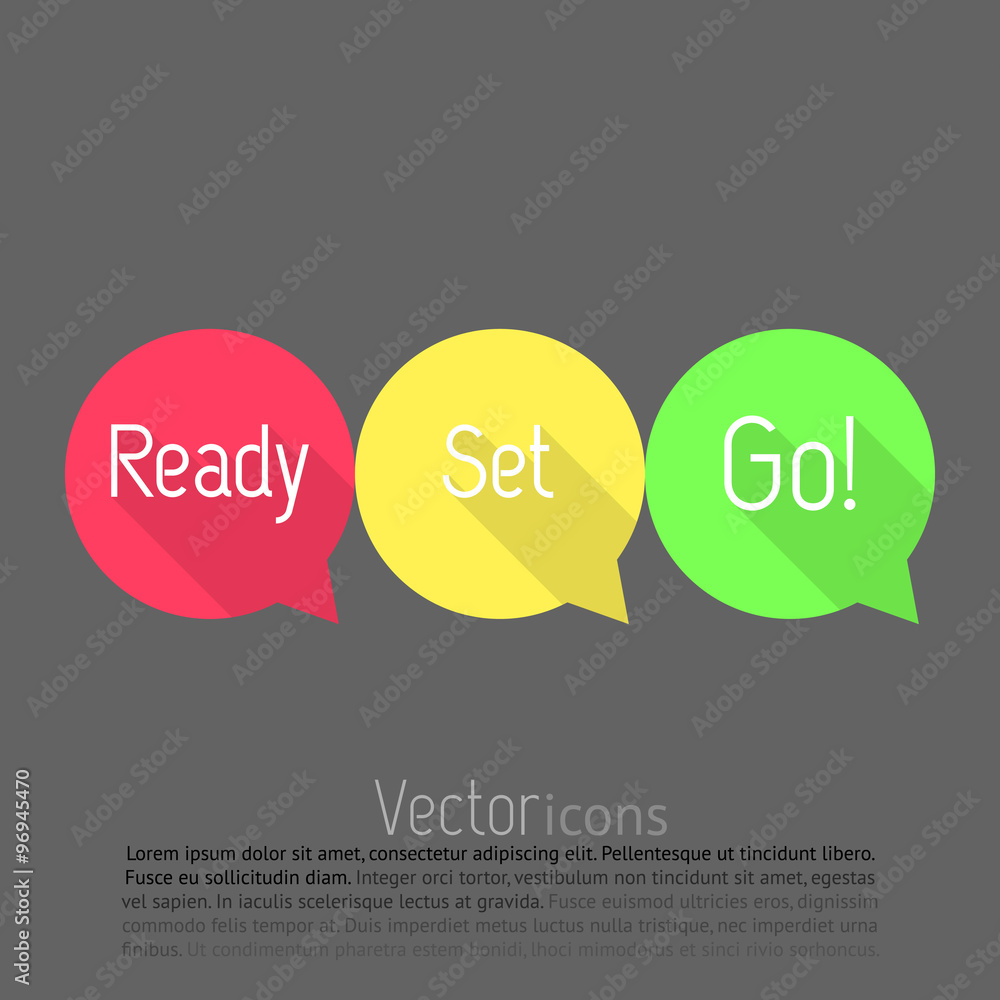 Ready, Set, Go! countdown. Vector talk bubble in three colors. Flat ...