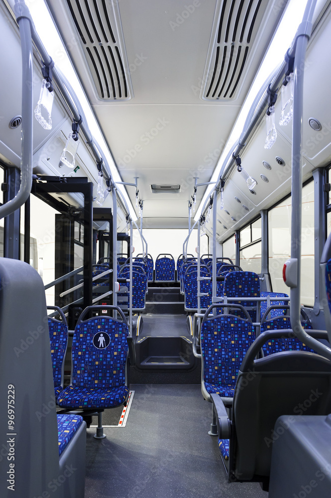 Bus inside, city transportation white interior with blue seats in row ...