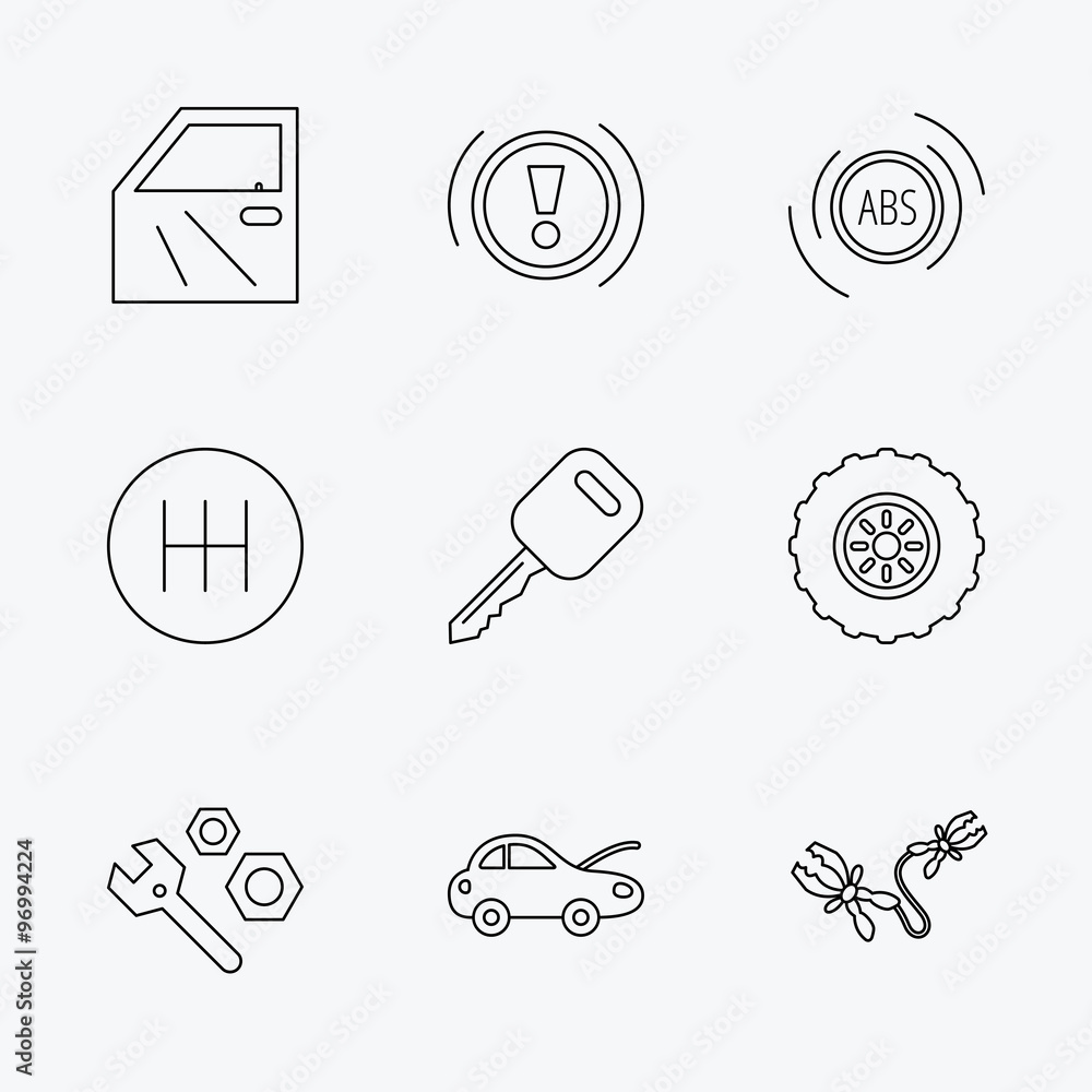 Car key, repair tools and manual gearbox icons. Stock Vector | Adobe Stock