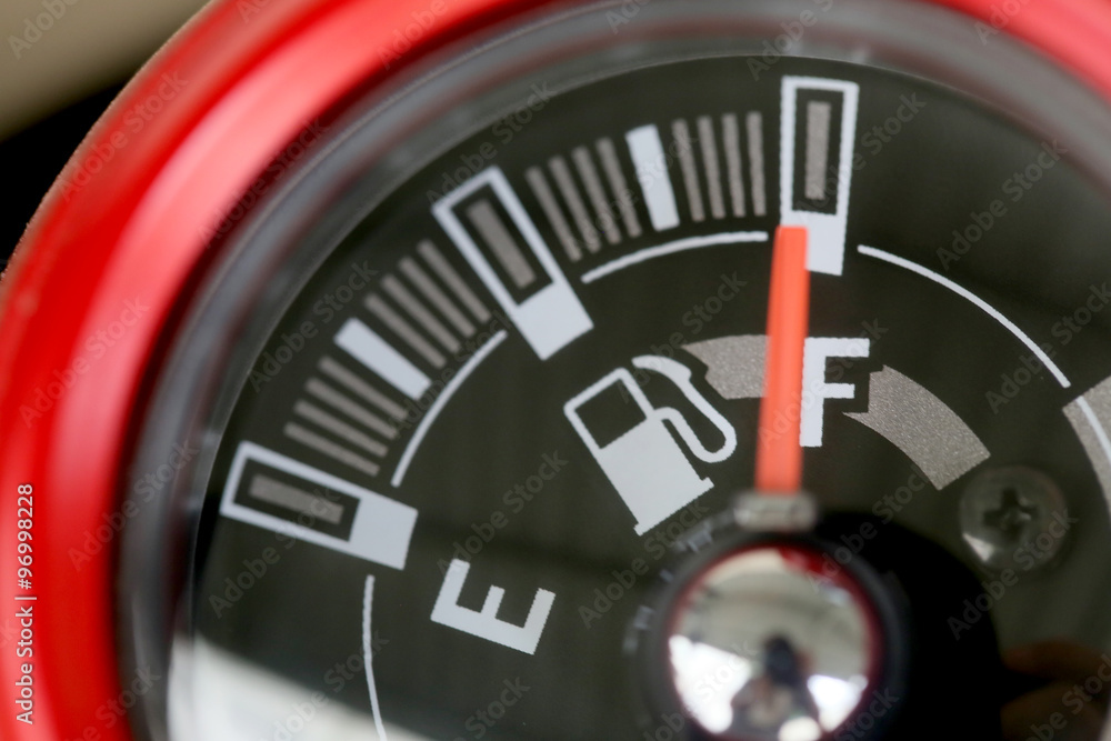 Fuel gauge with warning indicating quantity fuel tank. Stock Photo ...