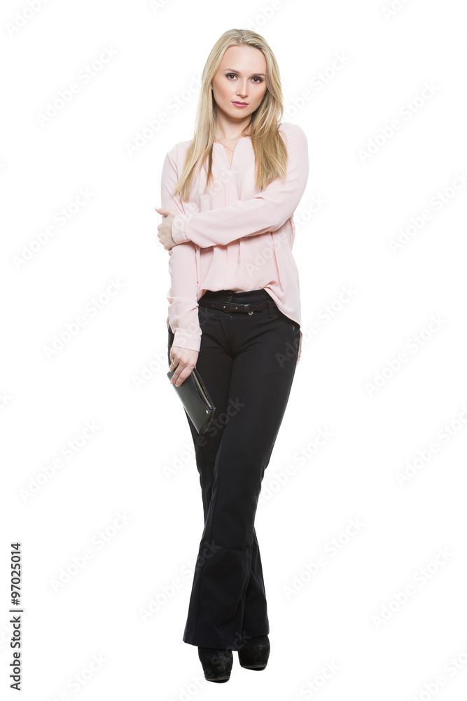 girl in pants and blous. partial barrier formed by his hands ...