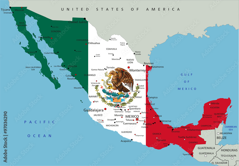 Mexico highly detailed political map with national flag. Stock Vector ...