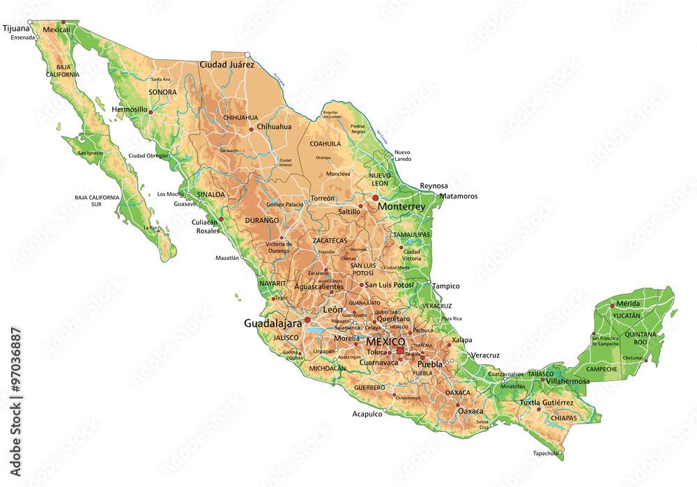 Vetor de High detailed Mexico physical map with labeling. do Stock ...