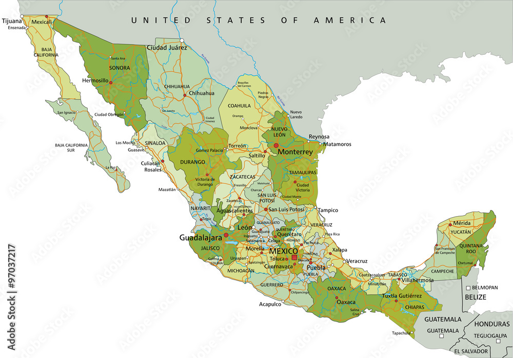 Highly detailed editable political map with separated layers. Mexico ...