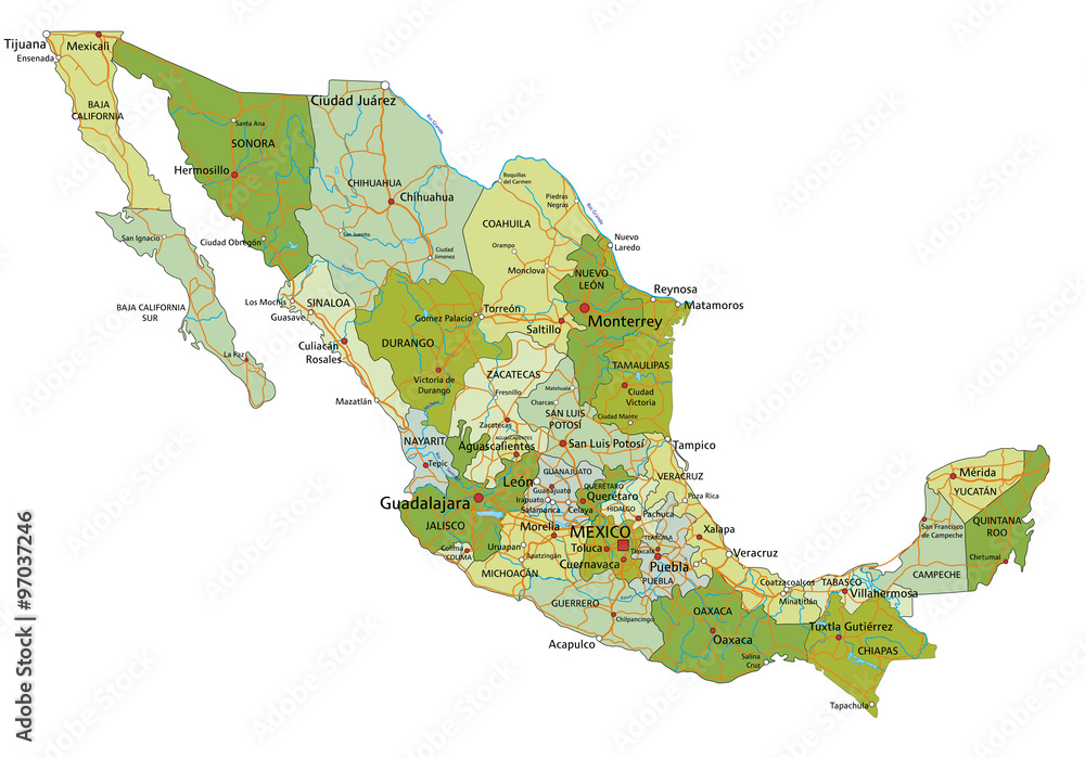 Highly detailed editable political map with separated layers. Mexico ...