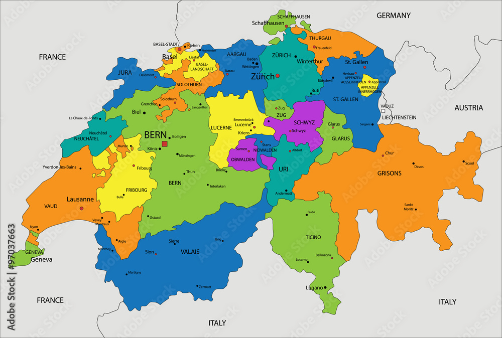 Colorful Switzerland political map with clearly labeled, separated ...