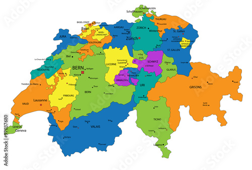 Colorful Switzerland political map with clearly labeled, separated ...