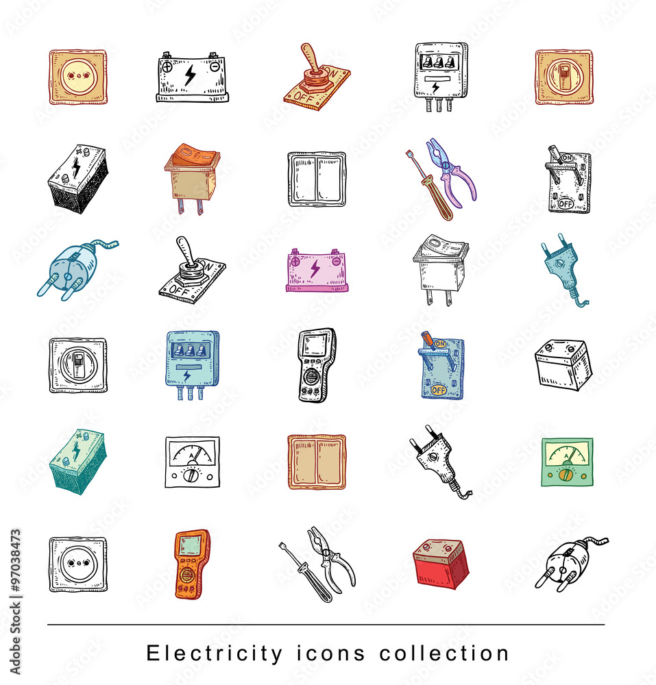 Electricity Doodle icon collection, vector illustration. Stock Vector ...