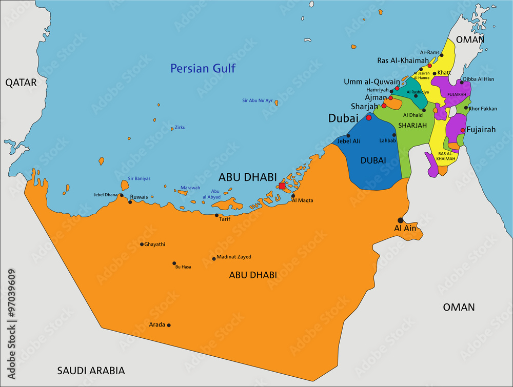 Colorful United Arab Emirates political map with clearly labeled ...