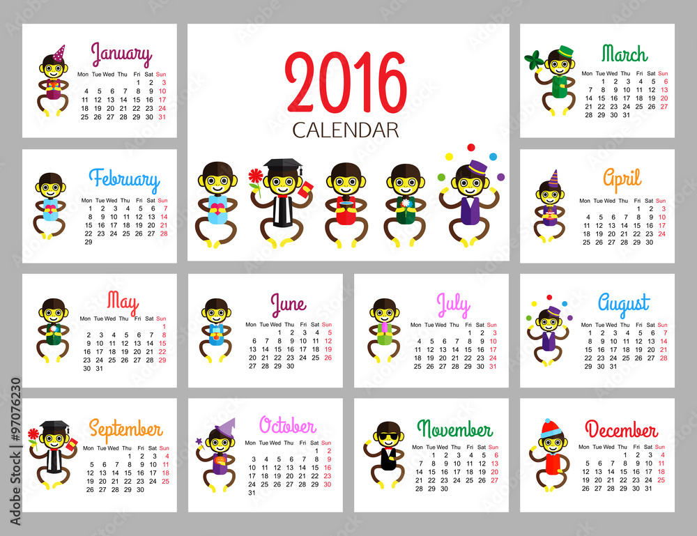 desk calendar vector print template with funny monkeys wearing ...