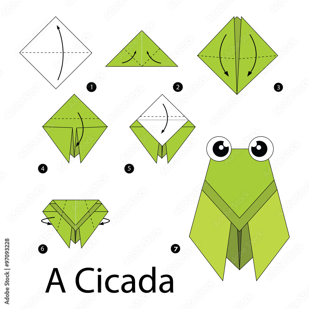 step by step instructions how to make origami A Cicada. Stock Vector ...