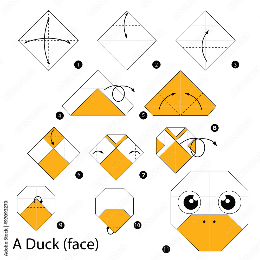 step by step instructions how to make origami A Duck (face). Stock ...