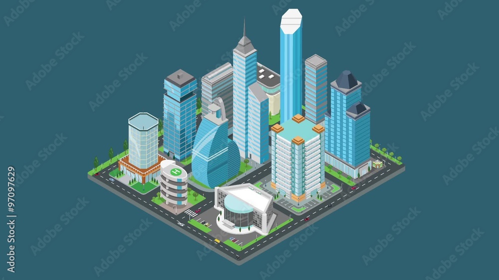 Flat 3d isometric animated megalopolis business city center building ...