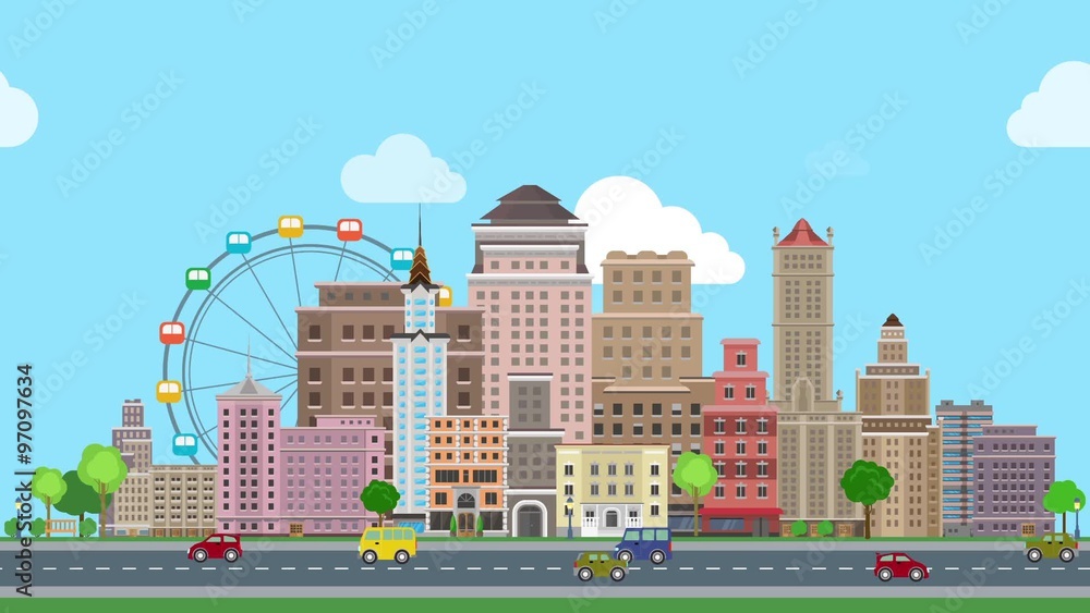 Flat cartoon city sunset and sunrise looped animated background ...