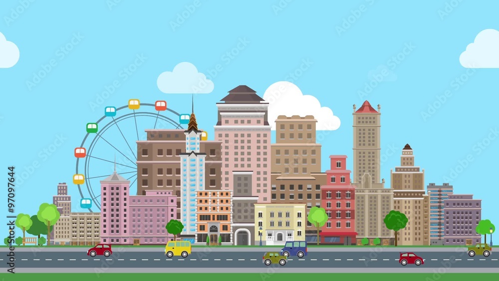 Flat cartoon city day looped animated background. Historic skyscrapers ...