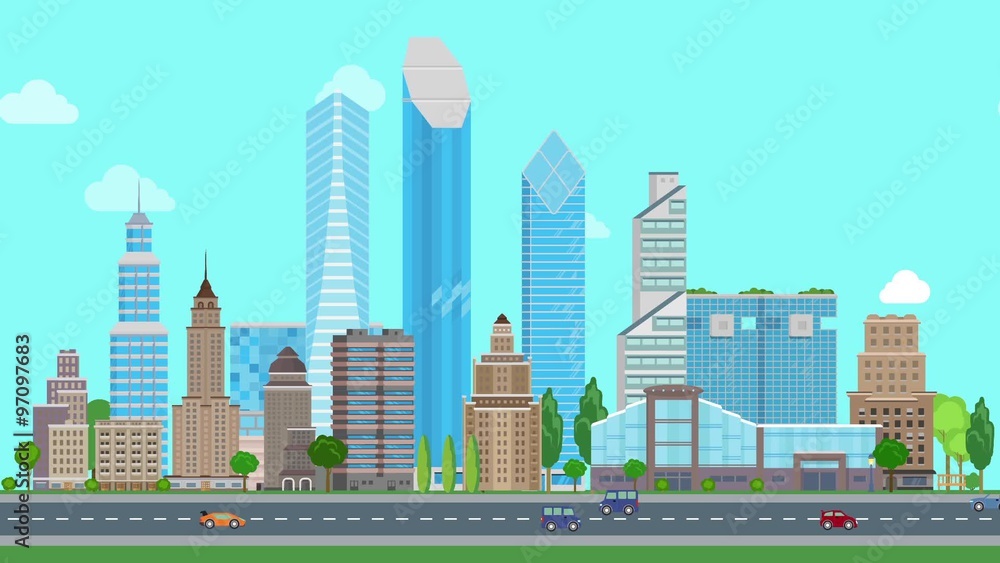 Flat cartoon city day looped animated. Business center with road ...