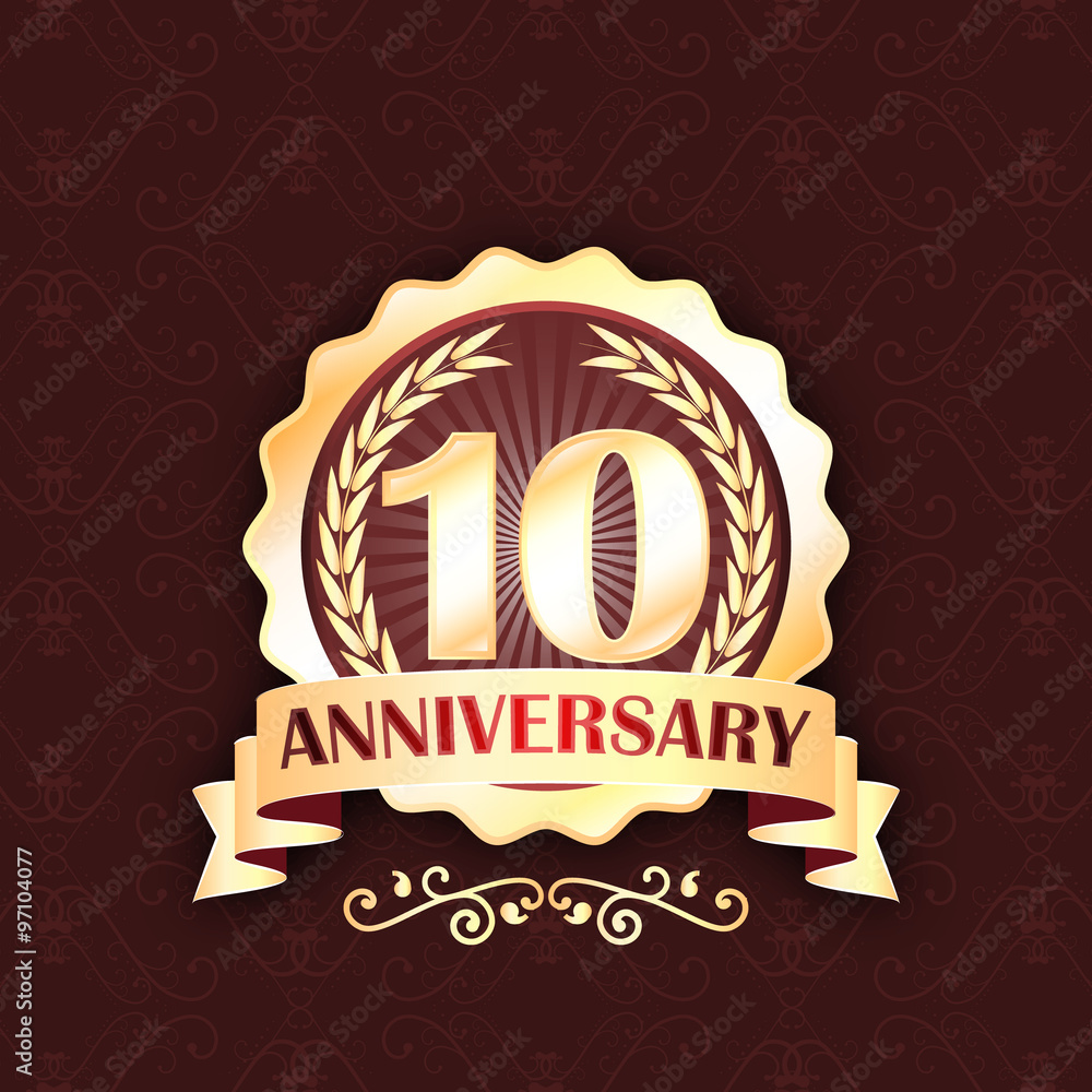 10th gold anniversary label with ribbon and laurel wreath. Stock Vector ...
