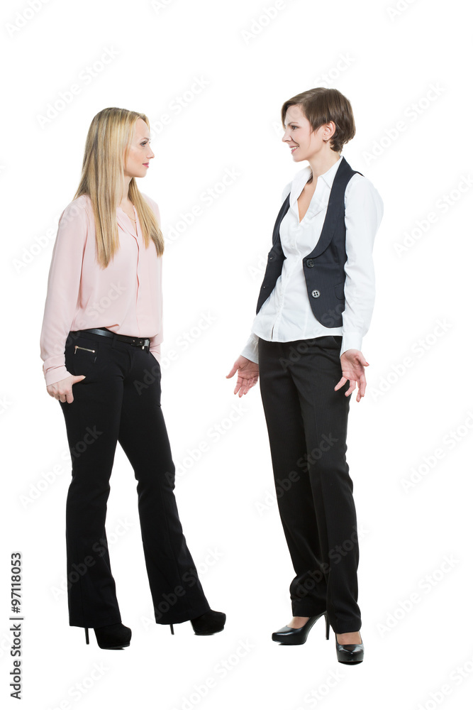 two businesswomen, isolated on white background. body language ...