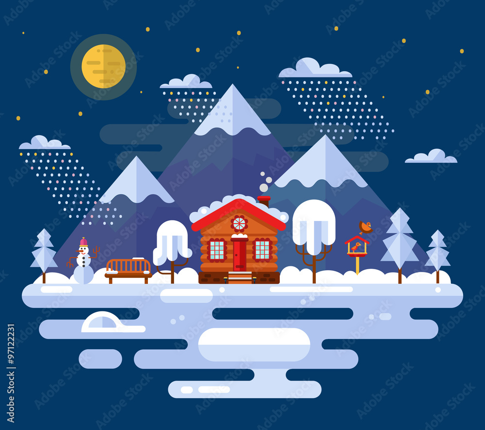 Nature winter landscape illustration with mountains, moon, clouds ...