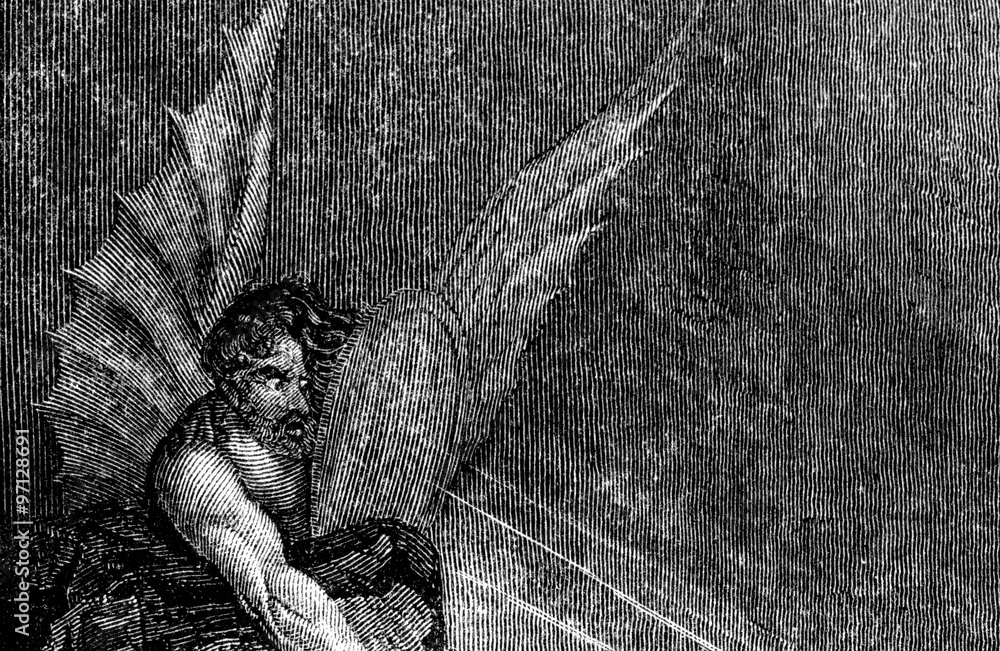 An engraved vintage Bible illustration drawing of Satan the devil, from ...