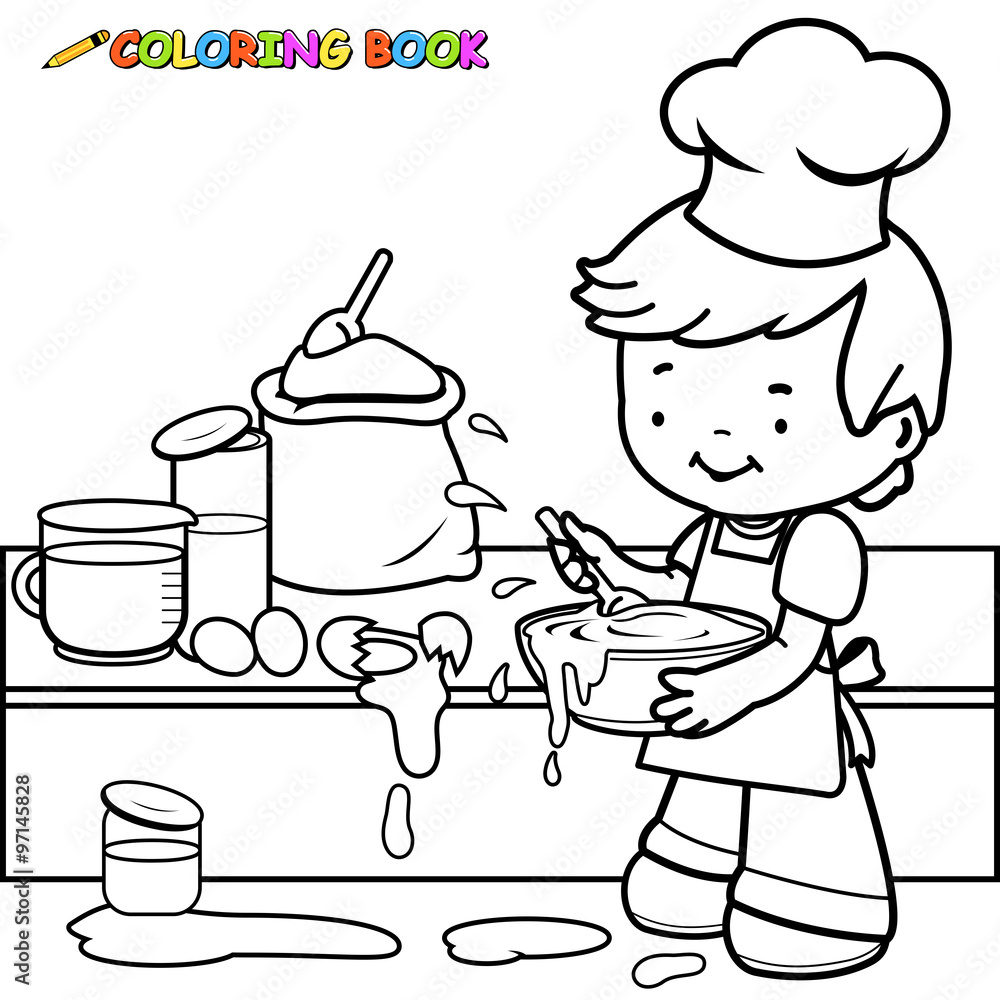 Little boy cooking in the kitchen. Vector black and white coloring page ...