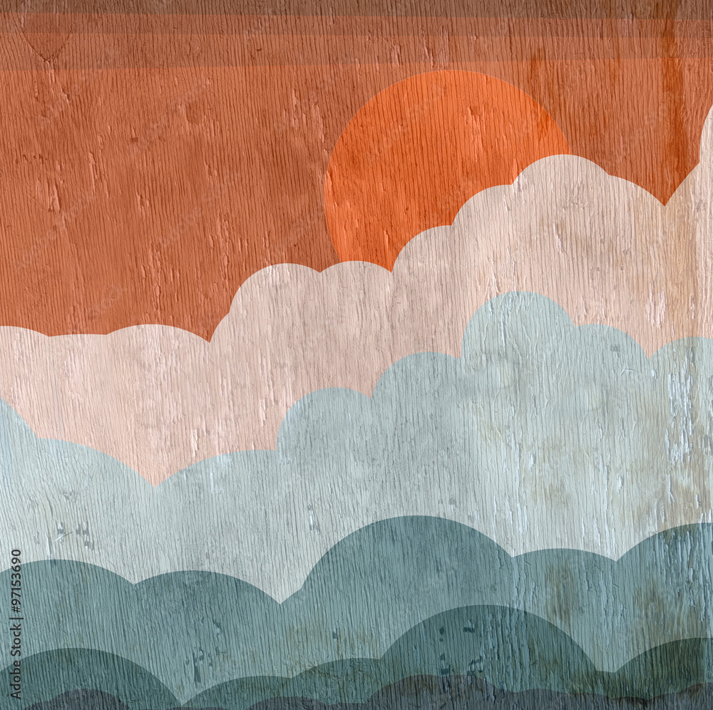 sky with red sun and clouds on wood grain texture Stock Illustration ...
