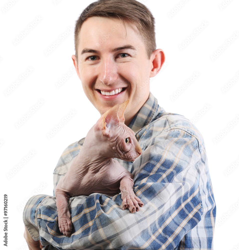 Young handsome man holding a cat, isolated on white Stock Photo | Adobe ...