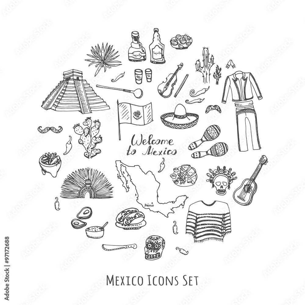 Hand drawn doodle Mexico set Vector illustration Sketchy mexican food ...