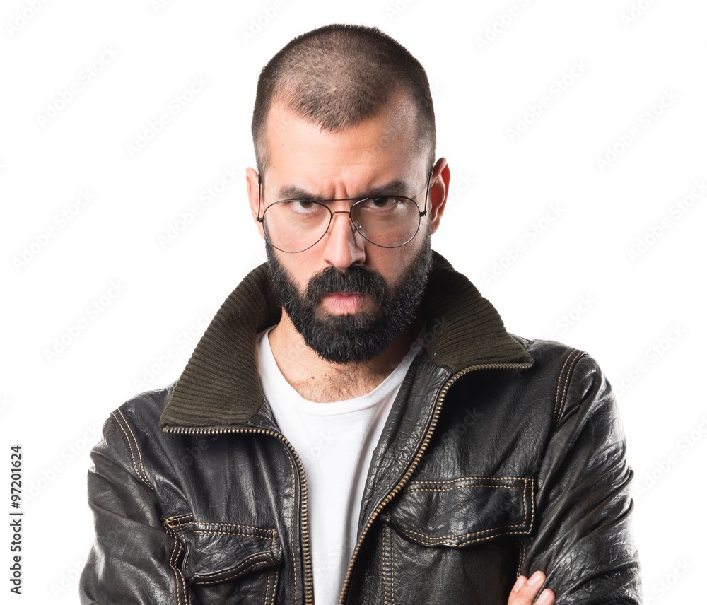 Sad man with leather jacket Stock Photo | Adobe Stock