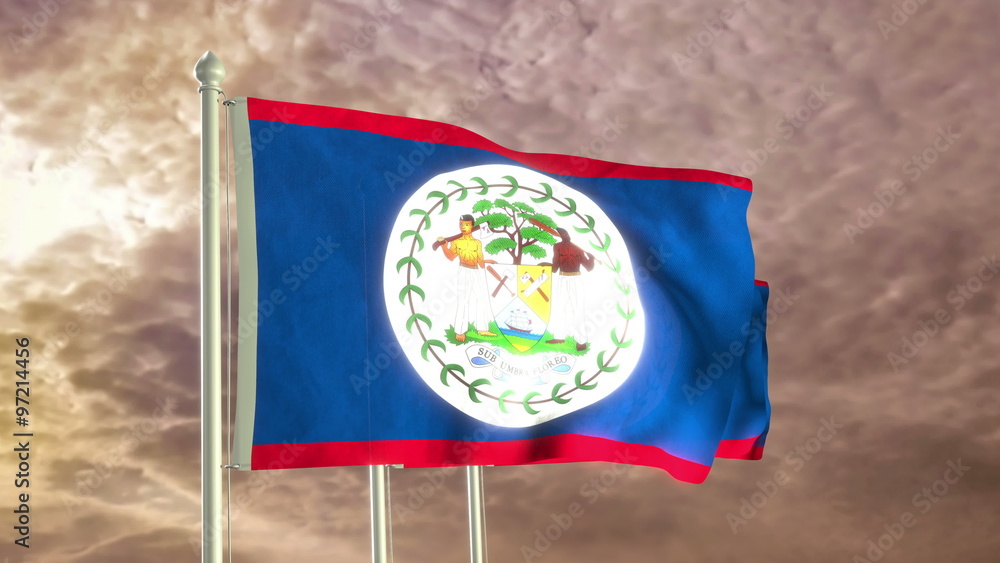Three flags of Belize waving in the wind (4K high detailed 3D render ...