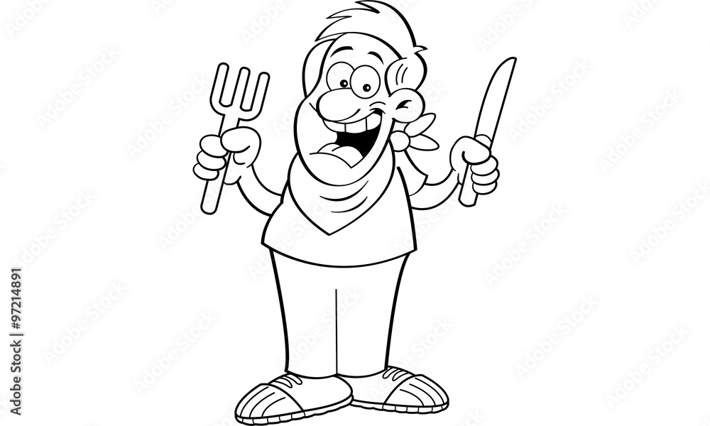 Black and white illustration of a hungry man holding a knife and fork ...