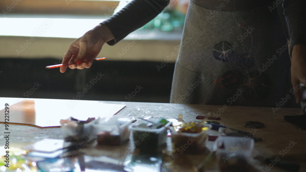 girl apprentice work stained glass prepare huge window openings ...