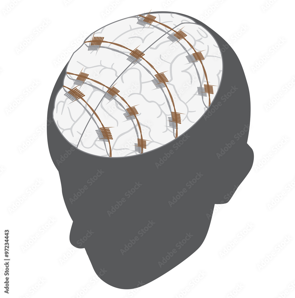 vector illustration of human head with brain wrapped by barbed wire ...