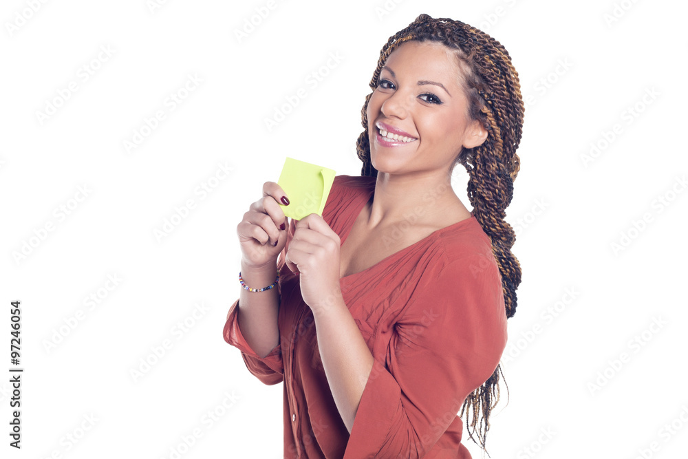 Woman with post it notes, smiling, isolated on white Stock-Foto | Adobe ...