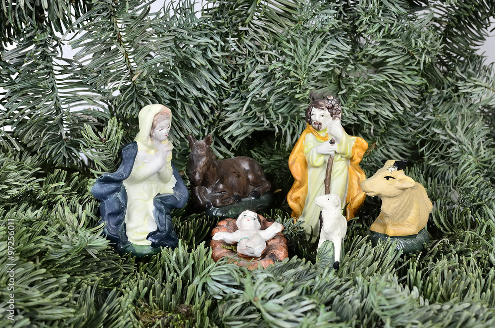 Jesus as a child with Mary and Joseph and animals Stock Photo | Adobe Stock