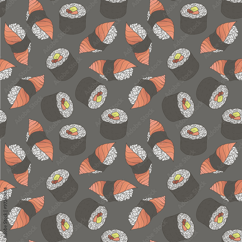 Vector seafood background seamless texture with sushi and rolls Stock ...